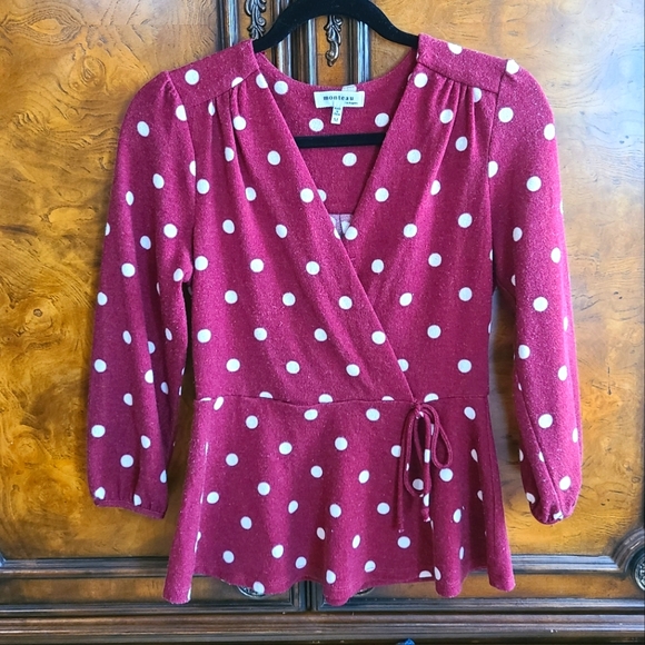 Monteau | Tops | Monteau Burgundy Red Faux Wrap Polka Dot Peplum Blouse ...